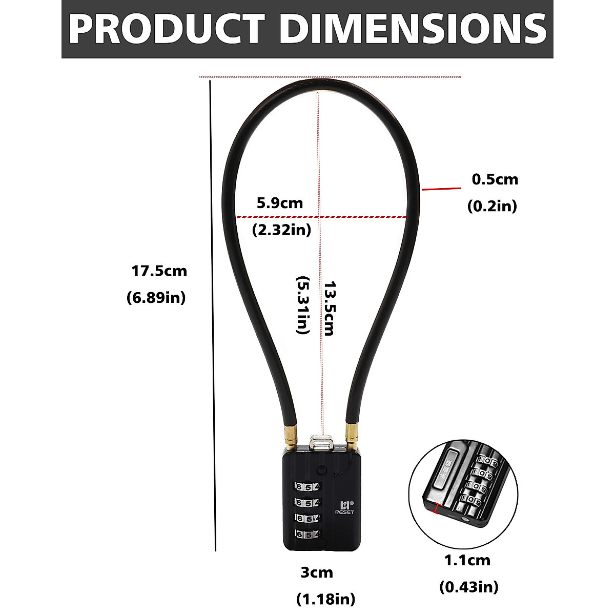 RESET-201 4 Digit Combination Padlock with 12 inch(30cm) Steel Cable,Cable Lock for Locker Luggage Suitcase Gun Case Toolbox Helmet,5mm Diameter,Black