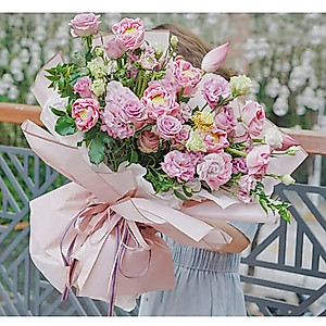 20 Counts Fresh Flowers Wrapping Paper,Waterproof Florist Bouquet Paper and 35 Yards 1" Fabric Ribbons Set,Gift Packaging or Gift Box Packaging,DIY Crafts,Florist Bouquet Supplies 23x23 (Rose Pink)