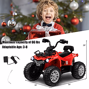 Costzon Kids ATV, 12V Battery Powered Electric Vehicle w/Music, Headlights, MP3, Spring Suspension, High & Low Speed, Treaded Tires, Storage Basket, Ride on 4 Wheeler Quad for 3-8 Years Old (Red)