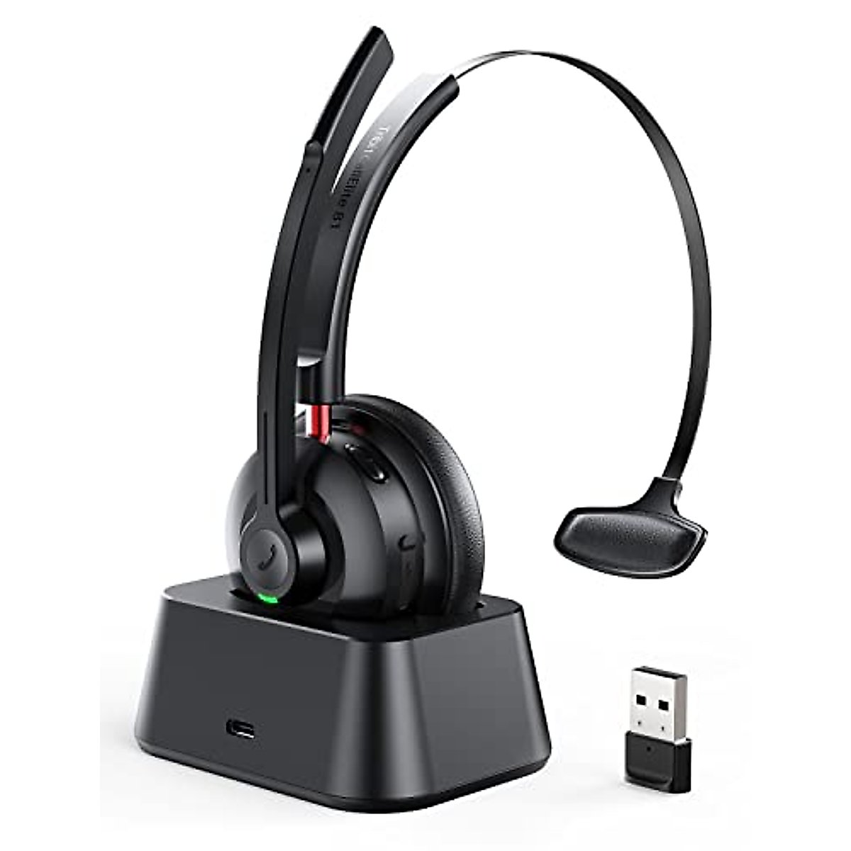 Tribit Bluetooth Headset, Wireless Headset with Microphone Qualcomm CVC 8.0 AI Noise Canceling for Trucker Office, 50H Talk Time Mute Button Headset with Adapter for Computer Cell Phones, CallElite81