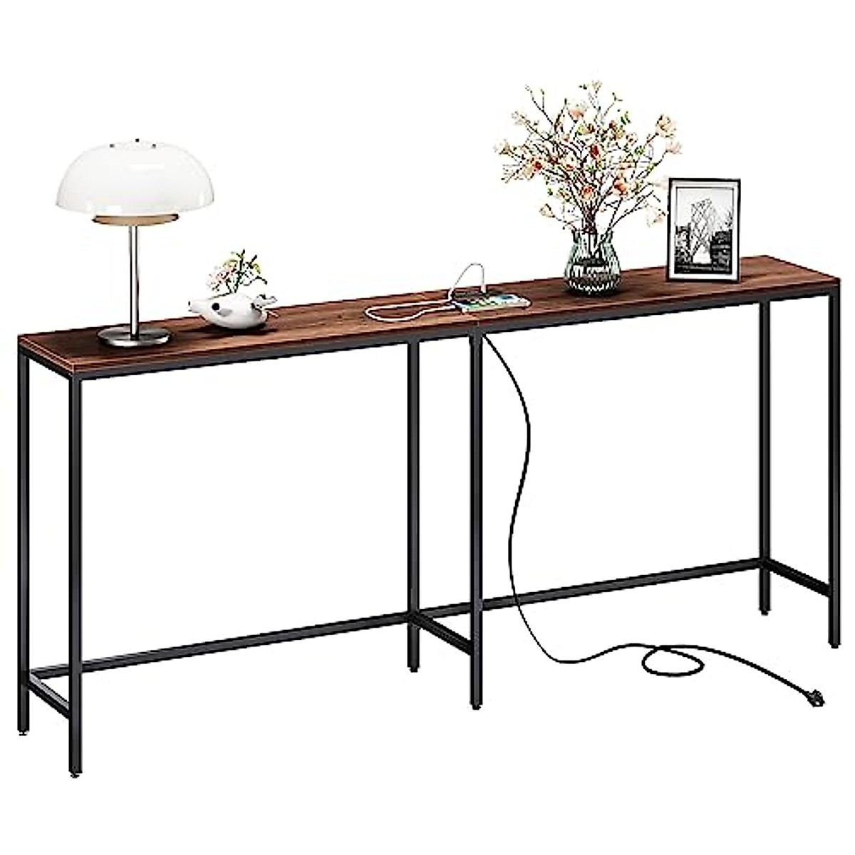 Rufokisa Console Table with Power Outlet, 70.9" Narrow Sofa Table, Skinny Sofa Hallway Table, Industrial Entryway Table with USB Ports, Behind Couch Table for Foyer, Living Room, Hallway, Bedroom