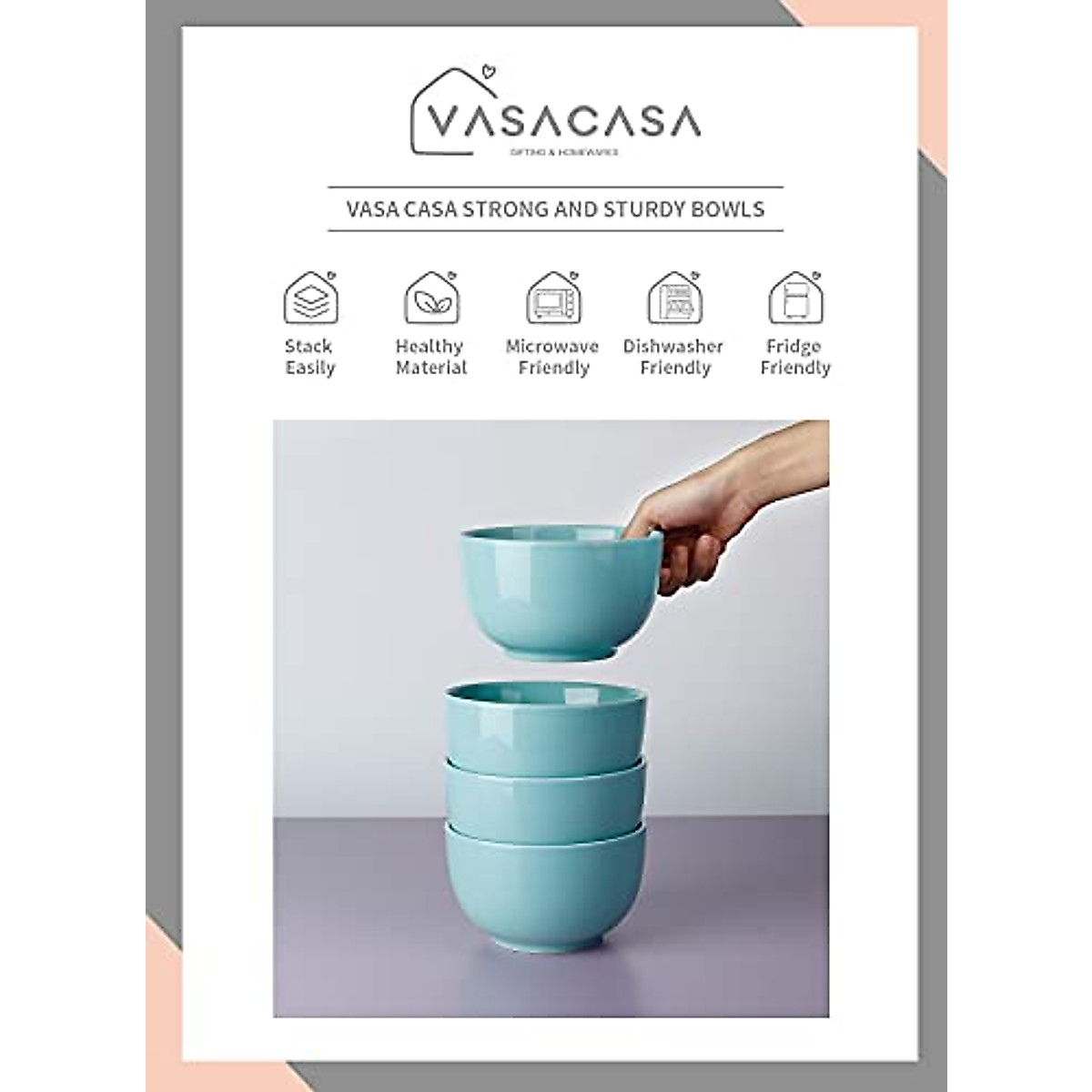 Vasa Casa Ultra-Deep 30 Ounces Soup Bowls, Large Cereal Bowls, Ceramic Serving Bowls Set for Kitchen, Rice, Pasta, Salad, Oatmeal and Noodle, Dishwasher & Microwave Safe, Set of 4, Turquoise