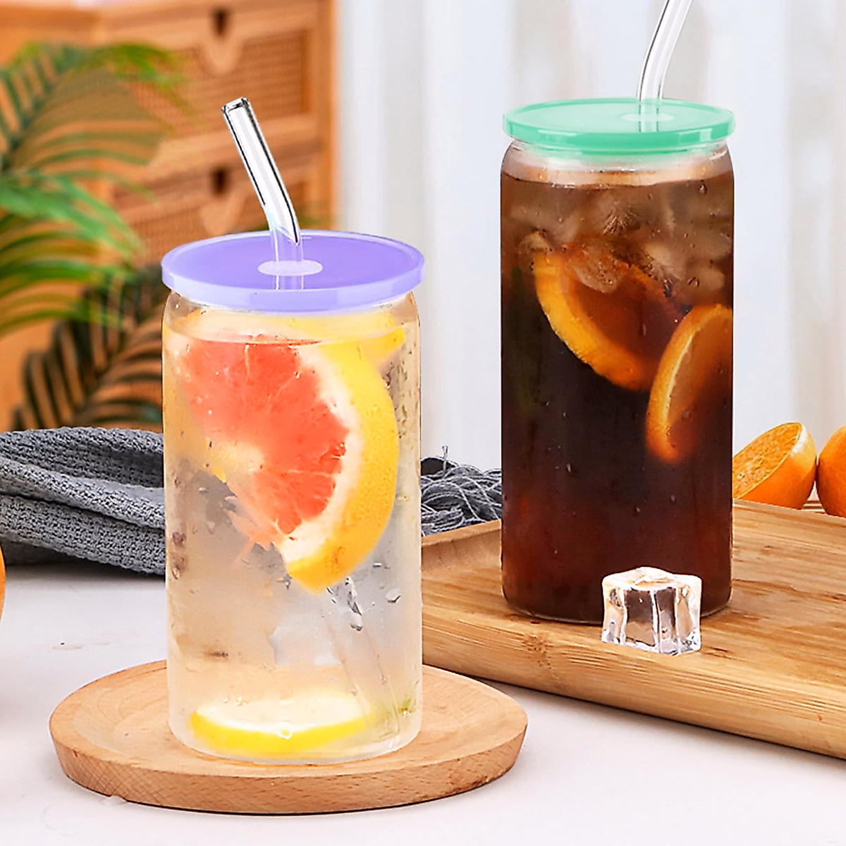 6 Pack Acrylic Lids for 16oz Glass Cups with Lids and Straws, Reusable Cups Replacement Covers Iced Coffee Cup/Beer Can Drinking Glasses with Bamboo Lids (Multicolor)