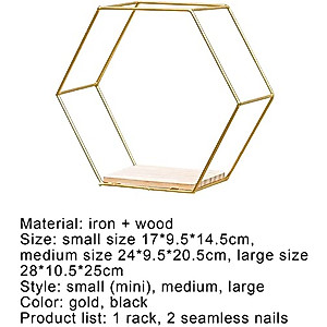 U-M Hexagon Floating Wood Book Shelves, Iron Storage Holder Wall-Mounted Multifunctional Nordic Style Geometric Firm Hexagonal Shelf for Home Bedroom Bathroom Black S1 Nice Design