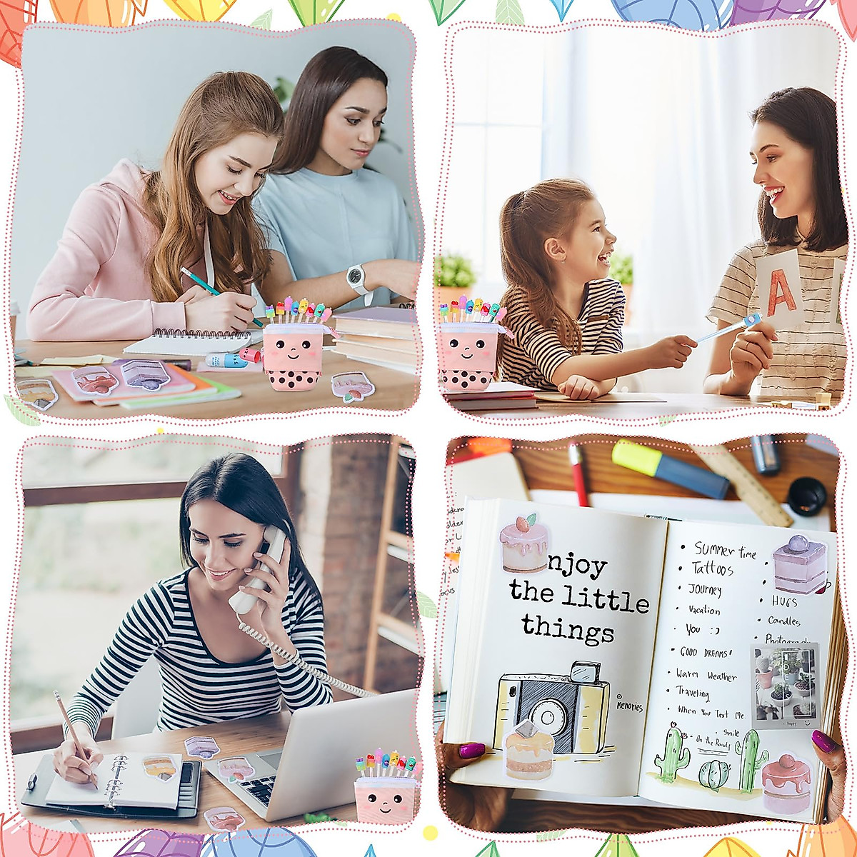 228 Pcs Kawaii Stationary Set Include Telescopic Boba Pencil Pouch Case Bag Gel Ink Pen Sticky Note Bubble Tea Sticker Pill Highlighter Stationary Cute School Supplies for Christmas Gift Kids (Vivid)