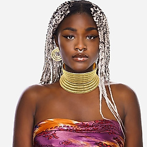 Beupy 6 Pieces Gold African National Tribal Costume Accessories Set Long Neck Collar Necklaces Metal Bracelet Gothic Chunky Nose Hoop Chain Swirl Earrings African Jewelry Set for Women