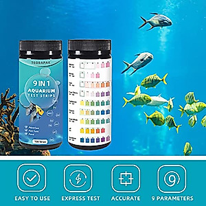 Aquarium Test Strips, 9 in 1 Aquarium Test Kit for Freshwater Saltwater, 100 Strips Aquarium Water Test Kit with Quick and Accurate, Pond Fish Tank Test Strips Testing Nitrite,Nitrate,Iron,pH and More