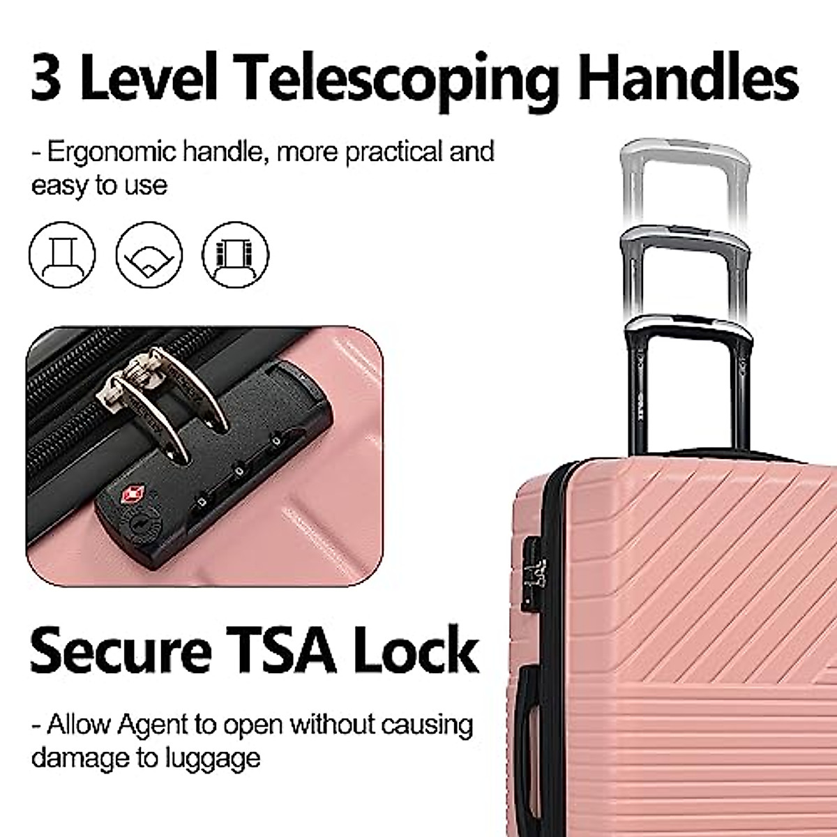 Merax Luggage Sets 3 Piece Suitcases Set ABS Expandable 8 Wheels Spinner Suitcase, TSA Lock Travel Luggage For Man And Women (Pink)