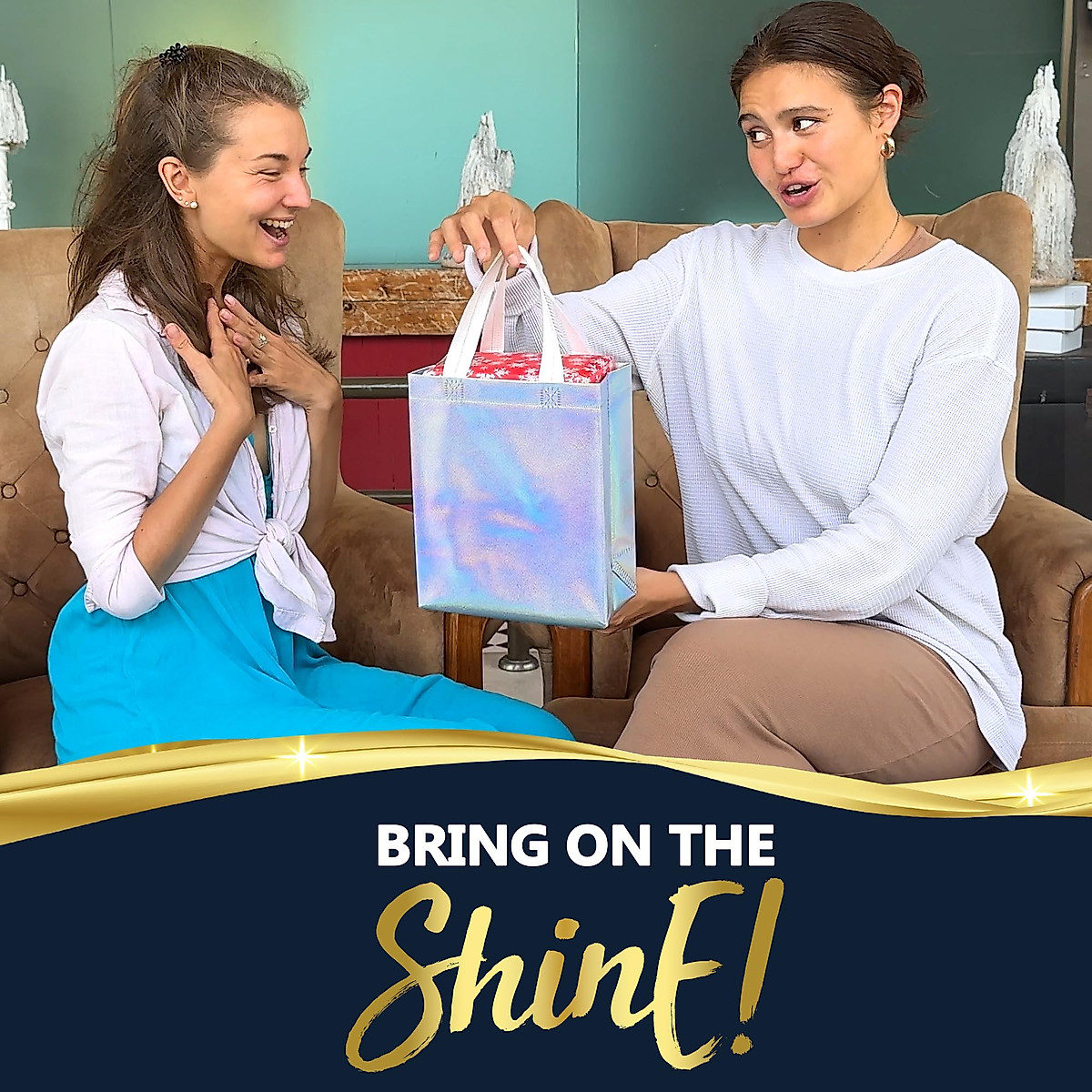 Nush Nush Iridescent Gift Bags Medium Size – Set of 12 Stunning Reusable Holographic Gift Bags With White Handles - Perfect As Goodie Bags, Birthday Gift Bags, Party Favor Bags – 8Wx4Dx10H Size