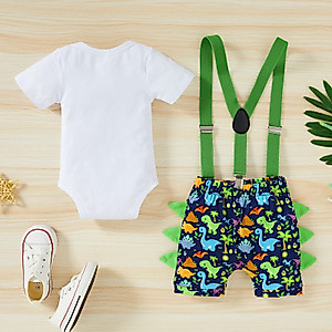 Baby Boys Cake Smash Clothes Dinosaur Romper Diaper Suspenders Pants 3PCS Set First Birthday Outfit for Photo Prop Party Saurus 12-18 Months