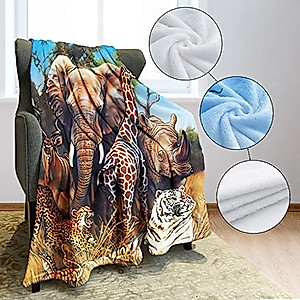 YISUMEI African Safari Animal Blanket, Savanna Deer Elephant Giraffe Rhinoceros Lizard Tiger Leopard, Wildlife Theme Indoor and Outdoor Universal, 50"x60"