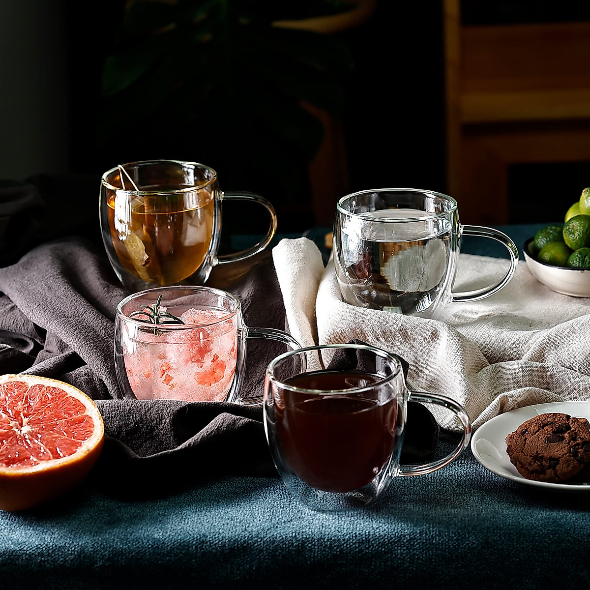 JNSMFC Double Walled Glass Coffee Mugs with Handle,4-Pack 8oz Insulated Glass Coffee Mugs Set,Clear Glass Coffee Cups for Espresso, Latte, Cappuccino,Wine,Tea Bag, Hot Beverage(Extra Spoons)