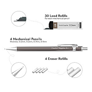 MozArt Mechanical Pencil Set with Case - 4 Sizes: 0.3, 0.5, 0.7 & 0.9mm with 30 HB Lead Refills Each & 4 Eraser Refills - Sketching, Architecture, Drawing Mechanical Pencils, Metal Mechanical Pencil