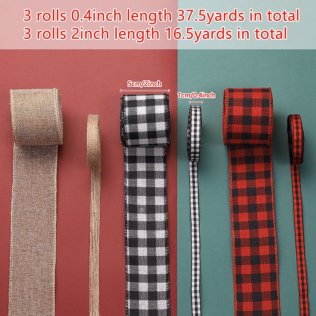 6 Rolls 54 Yards Christmas Wrapping Ribbon Buffalo Plaid Festival Ribbon Wired Holiday Garland Ribbons for Gift Wrapping Decoration Floral Bows Craft