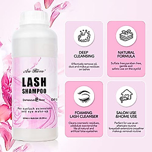 AuReve Eyelash Extension Cleanser Lash Shampoo Eyelash Extension Shampoo Lash Foam Cleanser Eyelid Cleanser for Makeup Remover Eyelash Care, Paraben & Sulfate Free for Salon and Home Use (Rose 600ml)