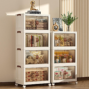 Tykacna 4-Tier Stackable Storage Bin with Lid, Folding Storage Bin with Magnetic Doors and Wheels, 42 QT Per Tier Plastic Closet Organizer, Closet Storage Container for Home and Office.