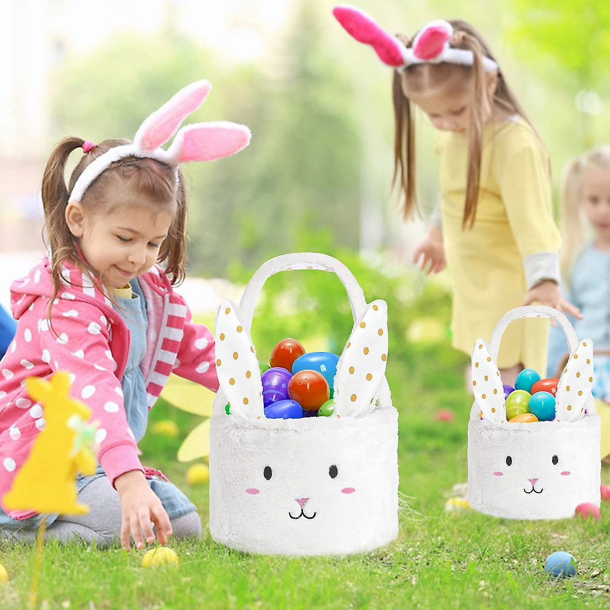 Easter Basket for Toddlers Babies, Cute Fluffy Bunny Basket with Foldable Ears, Easter Baskets Bags for Easter Egg Hunts, Plush Personalized Easter Basket Empty for Kids Girls Boys Gifts, White