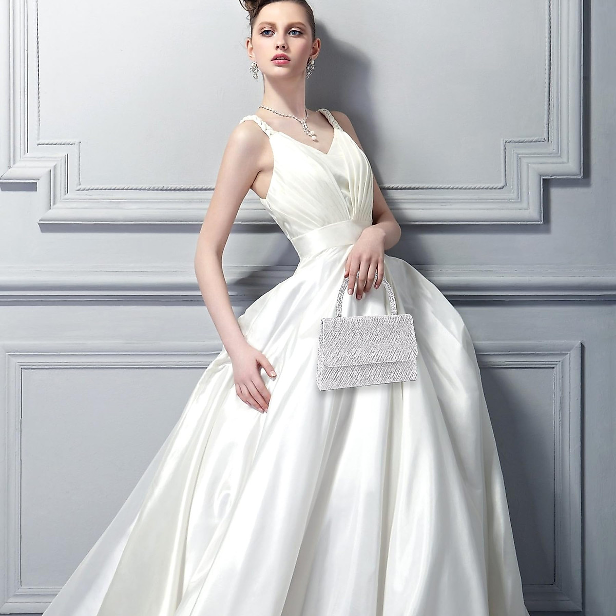 Larcenciel Women's Evening Handbags, Glitter Top Handle Evening Purse w/Chain, Silver Ladies Sequins Shoulder Crossbody Bag, Chic Guest Clutch for Party Prom Wedding Cocktail Club Dating,7.9x2.2x5.3in