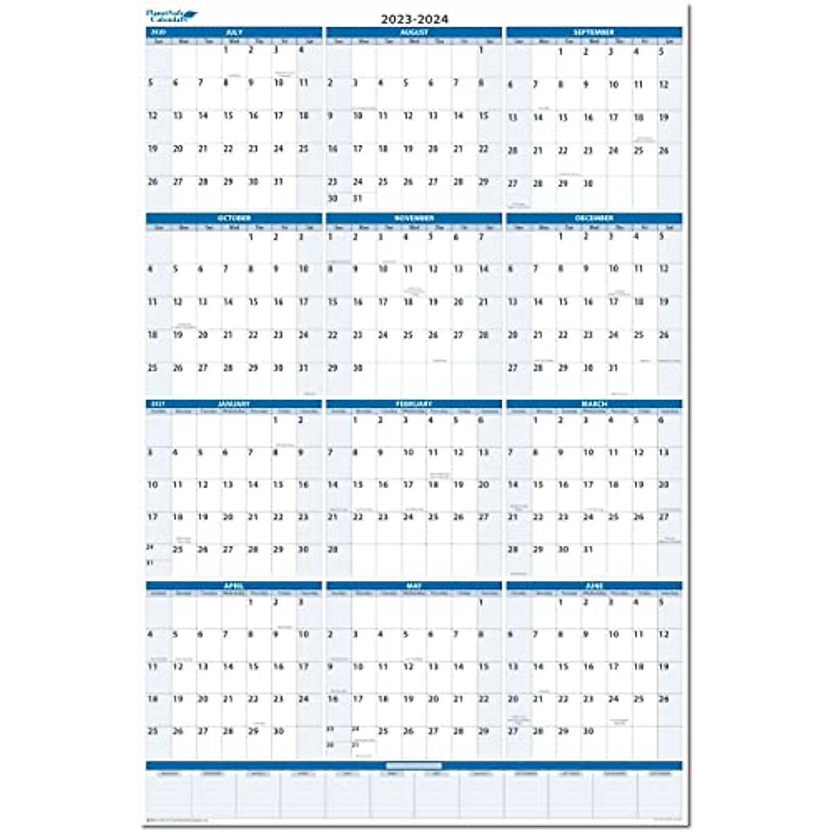 PlanetSafe Calendars Vertical Sky Blue July 2023 to June 2024 Fiscal/Academic Year 12 Month Wall Calendar 36 x 24- Large Dry & Wet Erasable with Next Year Planner -Great for Office & Projects