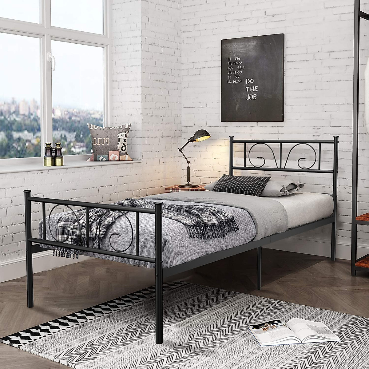 Twin Bed Frames Black for Boys Teenagers Adult, Single Platform Steel Bed Frame with Storage Girls Twin Size Beds Mattress Foundation Metal Slats Support with Headboard Footboard No Box Spring Needed