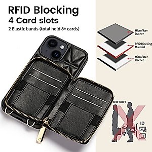 CUSTYPE Compatible with Phone 14 Plus Case Wallet with Card Holder,360 Rotation Ring [Two-Way Stand],Leather Zipper Wallet Case with Crossbody Strap for iPhone 14 Plus,6.7 Inch,Black