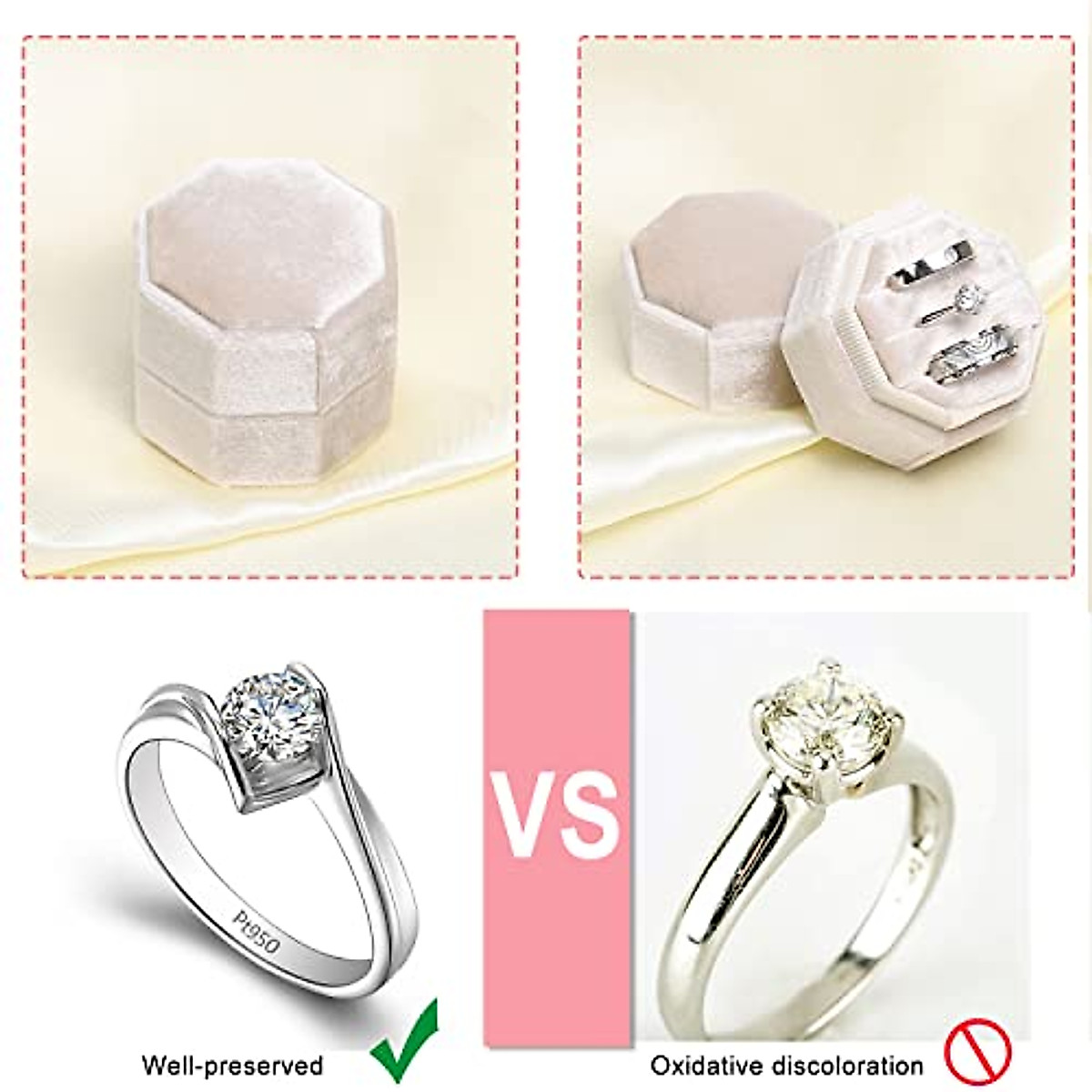 WantGor Velvet Ring Box, 3 Slots Jewelry Ring Gift Box Vintage Ring Display Holder Case for Wedding Ceremony Proposal Engagement (Beige)