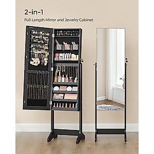 SONGMICS Jewelry Cabinet Armoire, Freestanding Lockable Storage Organizer Unit with 2 Plastic Cosmetic Storage, Full-Length Frameless Mirror, for Necklace Earring, Black UJJC002B01