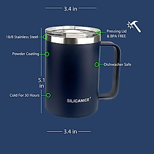 SILICANICE 14 oz Stainless Steel Vacuum Insulated Tumbler with handle & MacSlider Lid, Dishwasher Safe & Spill Proof Coffee Cup, Travel Mug for Hot/Cold Drinks, Durable Design - Navy