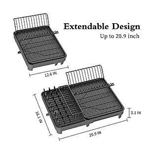 YEPATER Extendable Dish Rack, Large Dish Drying Rack with Drainboard,Cup Holder,Cutlery Drawer Organizer,Collapsible Dish Drainer for Kitchen Counter