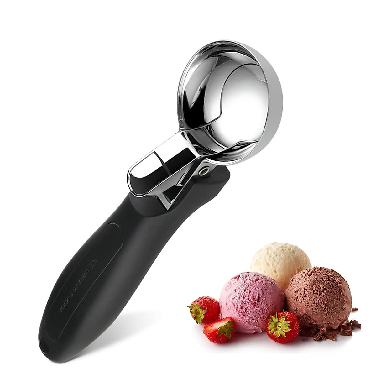 OTVAFAVA Ice Cream Scoop, Large Cookie Scoop with Ergonomic Soft Grip Handle, Heavy Duty Multifunctional Baking Scooper for Sundaes, Cupcake, Dough, Protein Balls and Meatballs, Black