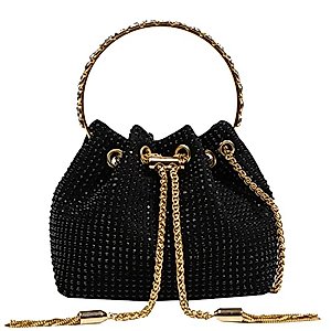 Handbag Tassel Bucket Crossbody Bag Women Bling Crystal Evening Bag Rhinestone Bucket Clutch Wedding Party (Black)