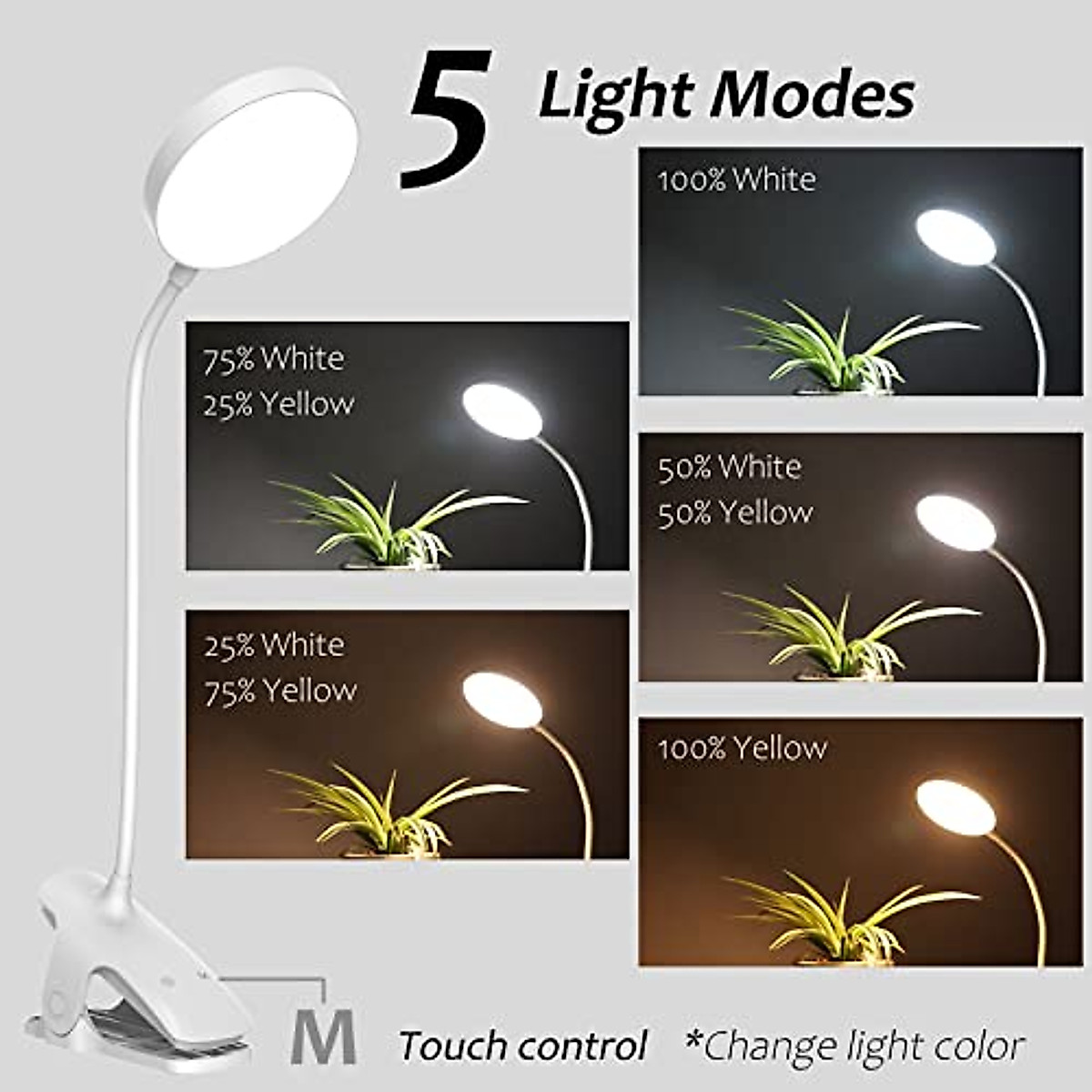 GAXmi Clip On Desk Lamp USB Rechargeable Dimmable Touch LED Table Light (White)