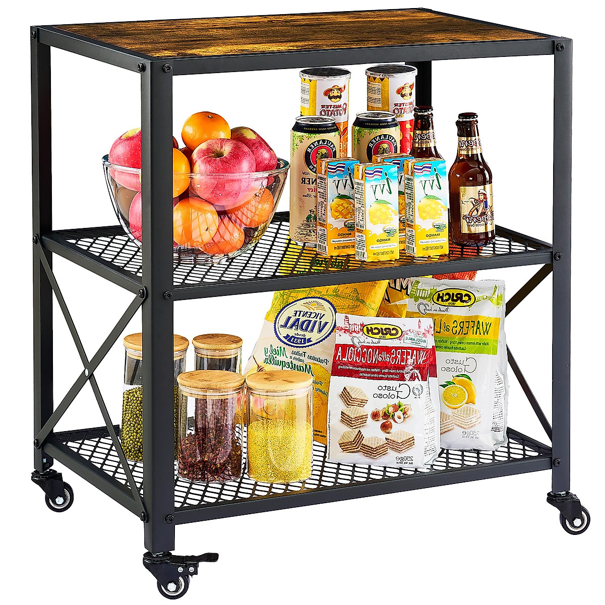 Tajsoon Serving Cart, 3-Tier Rolling Bar Cart on Wheels with Mesh Storage Shelves, Coffee Cart with Wheels, Kitchen Cart with Steel Frame, Rolling Serving Cart for Home, Living Room, Rustic Brown