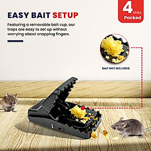 Power Rat Trap - 4 Pack Snap Traps for Indoor & Outdoor Use - Quick Catch, Reusable Rodent & Mouse Control - Safe, Easy-to-Use with Removable Bait Cup, Effective for Mice and Rats