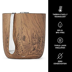 S'well Stainless Steel Ice Bucket with Tongs - Holds 68oz of Ice - Teakwood - Triple-Layered Vacuum-Insulated Container Designed to Keep Ice Colder, Longer - BPA-Free Designer Barware Accessories