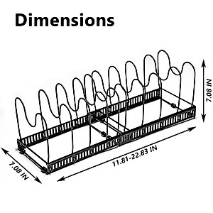 KLEVERISE 10 Dividers Expandable Pot Pan Organizer Rack Storage Under Cabinet– Heavy Duty Cast Iron Adjustable DIY Pot Pan Rack - Space Saving Pot Pan Lid Holders