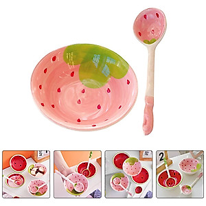 UPKOCH 1 Set Dessert Bowl and Spoon Strawberry Shaped Serving Bowls Ceramic Salad Bowls Kitchen Mixing Bowls Fruits Dish for Cereal Pasta Snack Appetizer Kids Food Container