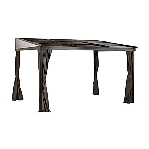 Sojag 10' x 12' Francfort Wall-Mounted Hardtop Gazebo Outdoor Weather-Resistant Aluminum Frame Sun Shelter Black,Brown