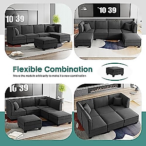 Shintenchi Reversible Modular Sectional Sofa Couch,116" Velvet U-Shaped Sectional Couch Sofa with Ottomans, 6 Pieces Modular Large Sectional Sofa Set for Living Room,Dark Gery