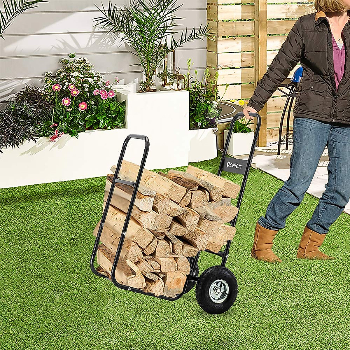 Ochine Firewood Log Cart Carrier Wood Rack, 43.3 x 28 x 17.7 in, 220lb Loading Capacity, Black Powder-Coated Steel