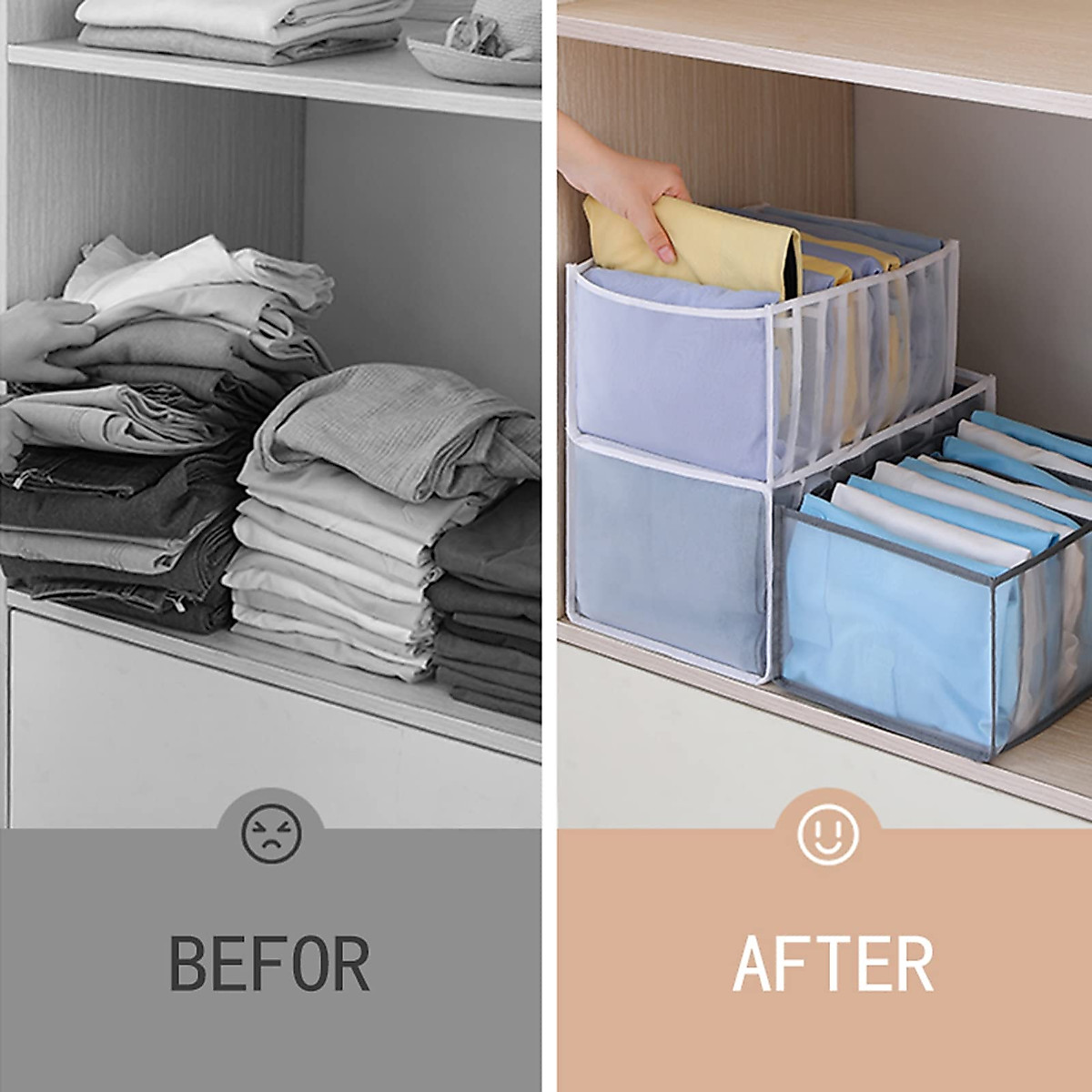 3PCS Wardrobe Clothes Organizer For Folded Clothes Pants,T-Shirt, Skirt, Underwear, Leggings, Kid Jeans Drawers Closet Mesh Storage Stackable 7 Grid Washable