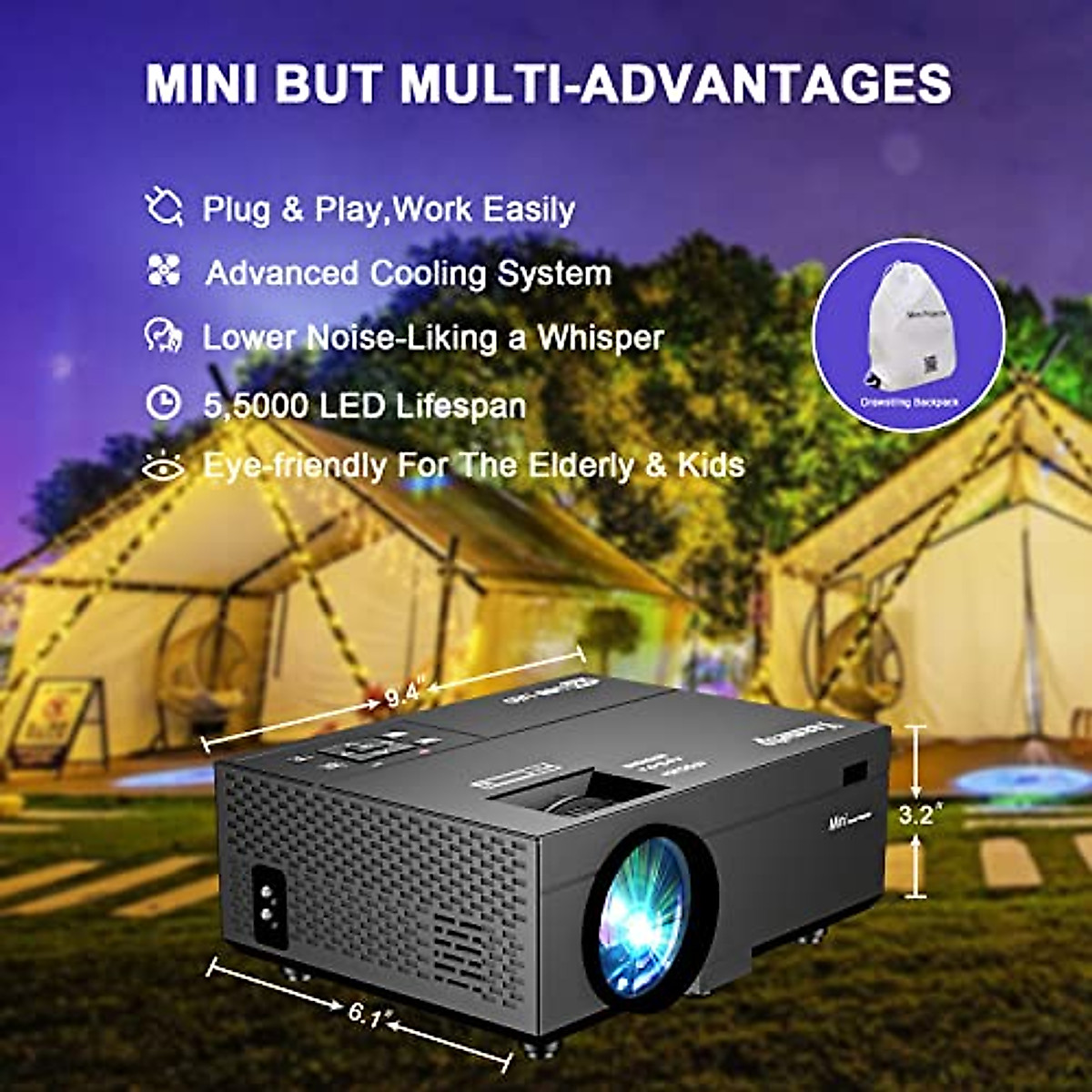 Mini Projector 2023, 1080P Full HD 180” Screen Supported Ysametp Video Projector, 9500Lux Home Theater Movie Projector Compatible w/TV Stick HDMI VGA USB AV TF PC Laptop Android/iPhone (Black)