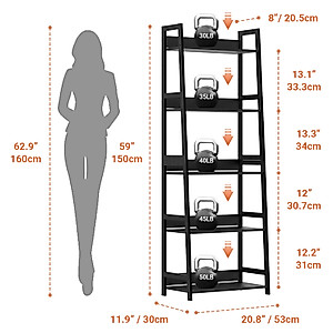 PPN Bookshelf - 5-Tier Tall Bookcase - Ladder Shelf for Bedroom/Living Room/Home Office - Black