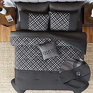 WRENSONGE Plaid King Comforter Set, 8 Pieces Grey Printed and Spliced Plaid Herringbone Bedding Set, Microfiber Soft Farmhouse Comforter Set with Decor Pillow, Lightweight Breathable for All Seasons