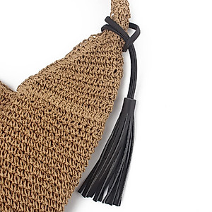 JBRUN Women Straw Shoulder Bag Handmade Woven Handbag Summer Beach Tote Straw Leather Handle Large Bucket Bag (E-Brown)