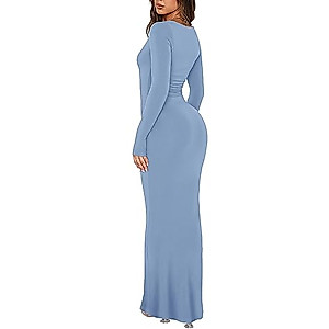 REORIA Women's Sexy Casual Scoop Neck Long Sleeve Lounge Long Dress Elegant Fall Wedding Guest Tight Ribbed Bodycon Maxi Dresses Blue Small