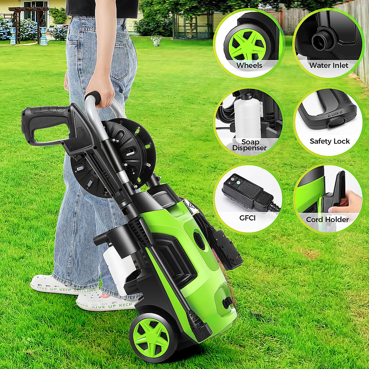 Suyncll Pressure Washer, MAX PSI 2.5GPM Electric Power Washer,1800W High Pressure Washer, Professional Washer Cleaner, with All-in-one Adjustable Nozzle and Hose, Best for Cleaning Cars (Green&Black)