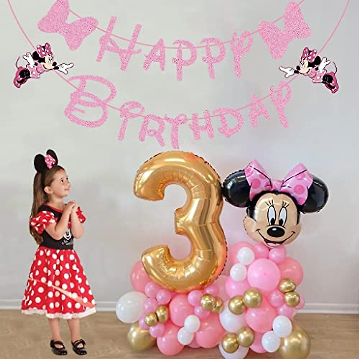 GOGOPARTY Pink Mouse Happy Birthday Banner, Mouse Decoration Pink Themed Birthday Banner For Girl Kids Birthday Party Baby Shower Decorations