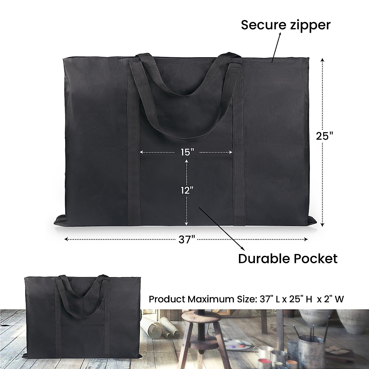 Jjring Dacron Light Weight Art Portfolio Tote Bag, 24x36" Black Carrying Storage Case For Poster, Sketching, and Drawing