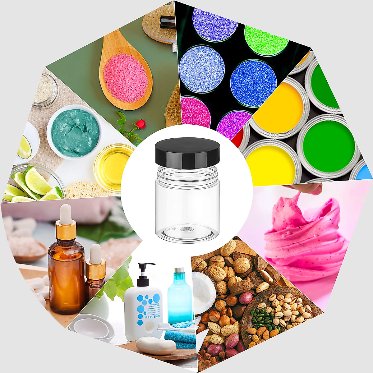 Hajoyful Plastic Jars with Lids 4OZ 48PCS,Small Cosmetic Slime Containers Clear Travel Round Jars Empty Refillable Sample Containers Leak Proof Pot Jars with Black Lids for Lotion, Cream, Cosmetics